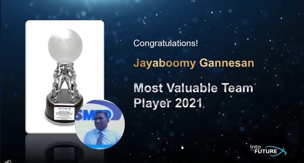 GETINGE awards The Most Valuable Team Player 2021 to Mr Jaya...